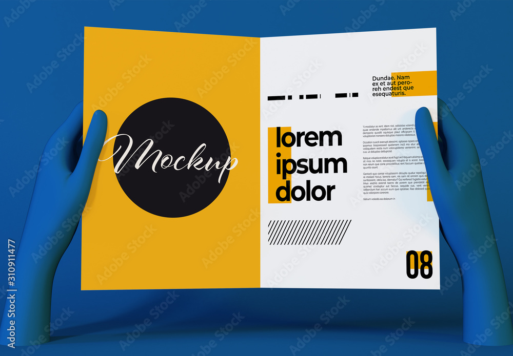 3D Blue Hands Holding Diptych Isolated on Blue Background Mockup Stock ...