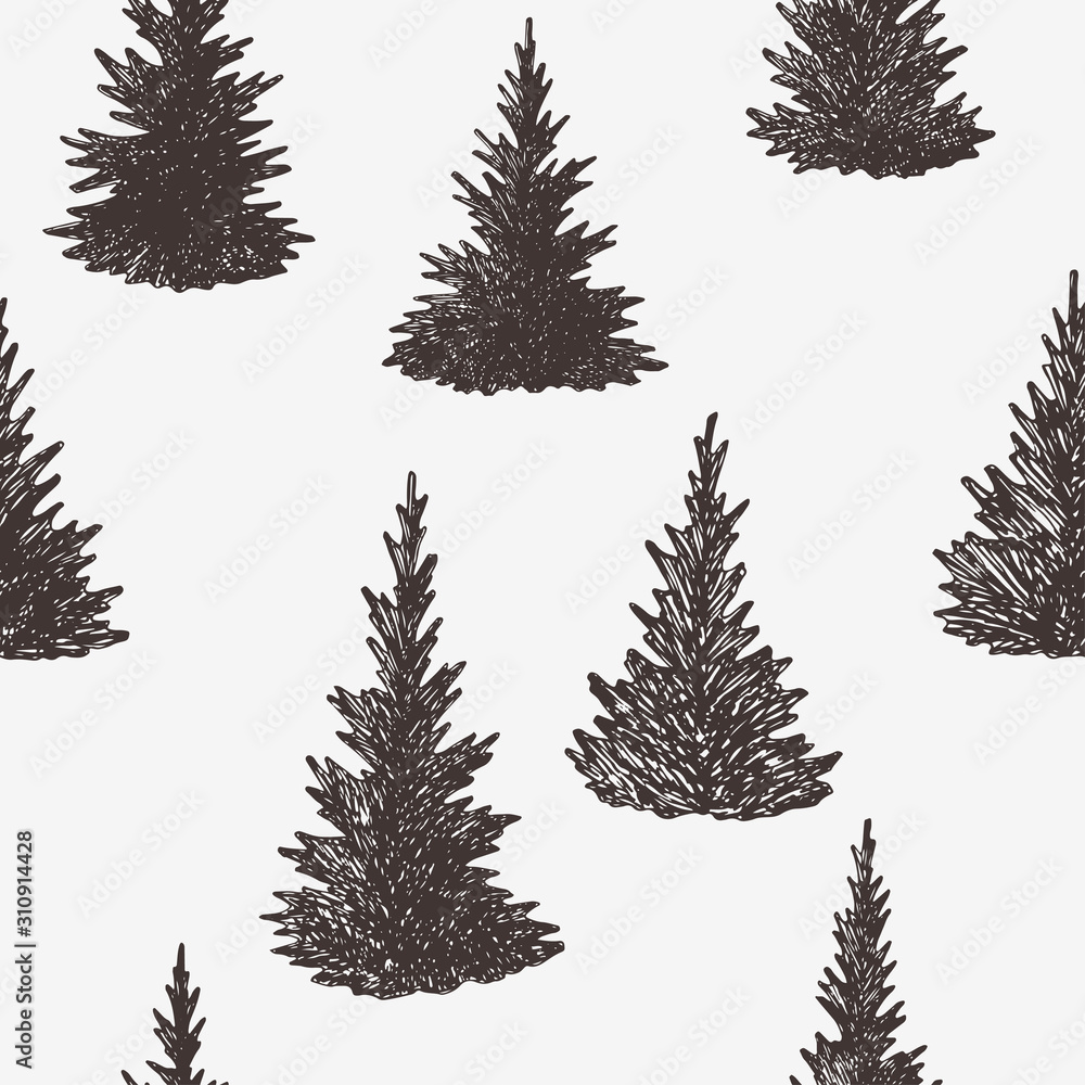 Hand drawn spruce trees seamless pattern, vector background with fir ...