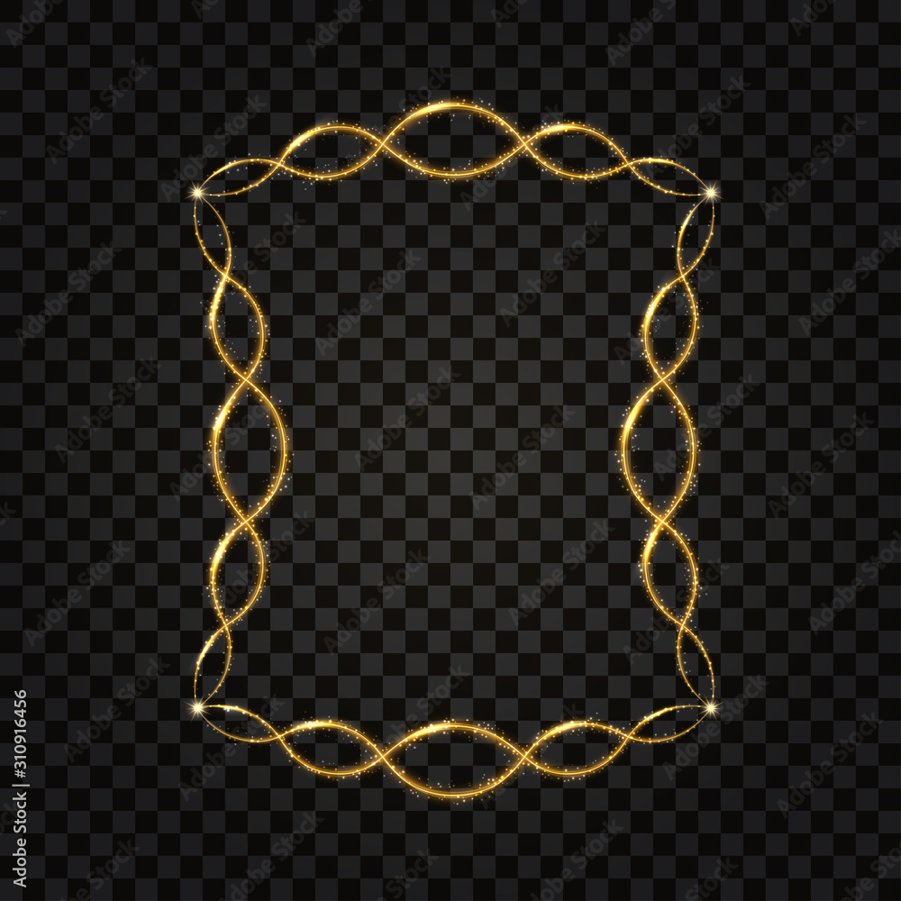 Gold square frame. Golden glow glittering effect, neon shine, light ...