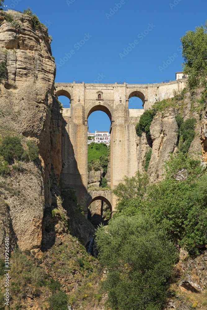 Ponte Nuevo (the New Bridge) in Ronda, Spain. This bridge spans the 120 ...