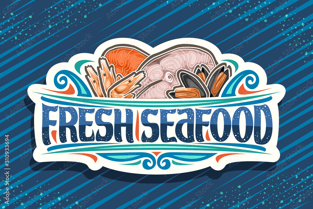 Vector logo for Fresh Seafood, white decorative sign board with ...