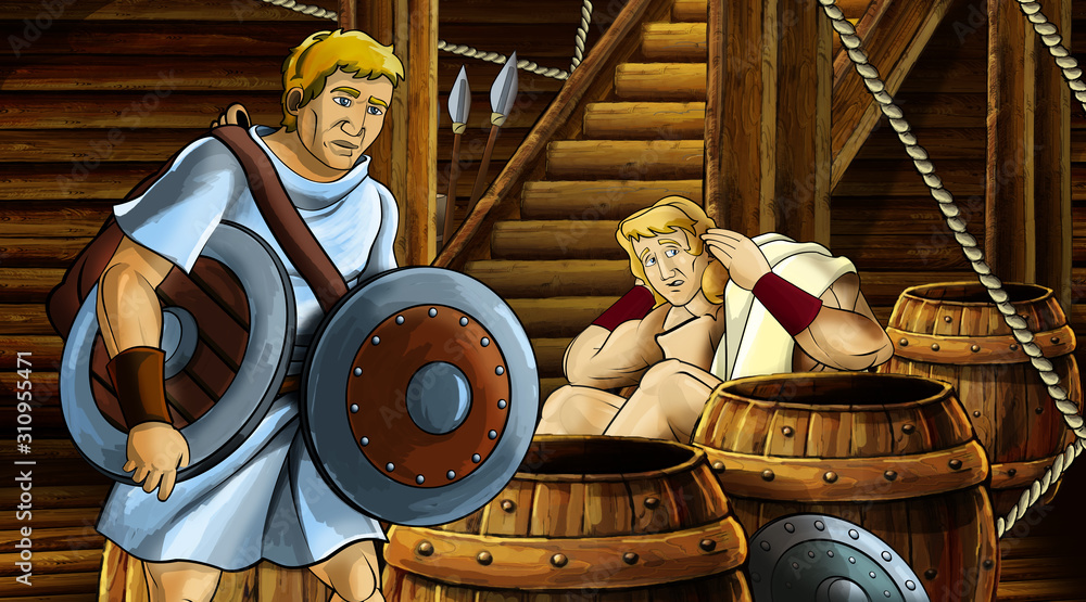 cartoon scene with roman or greek ancient character inside wooden ship ...