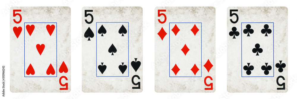 Four Vintage Playing Cards Isolated on White Background, Showing Fives ...