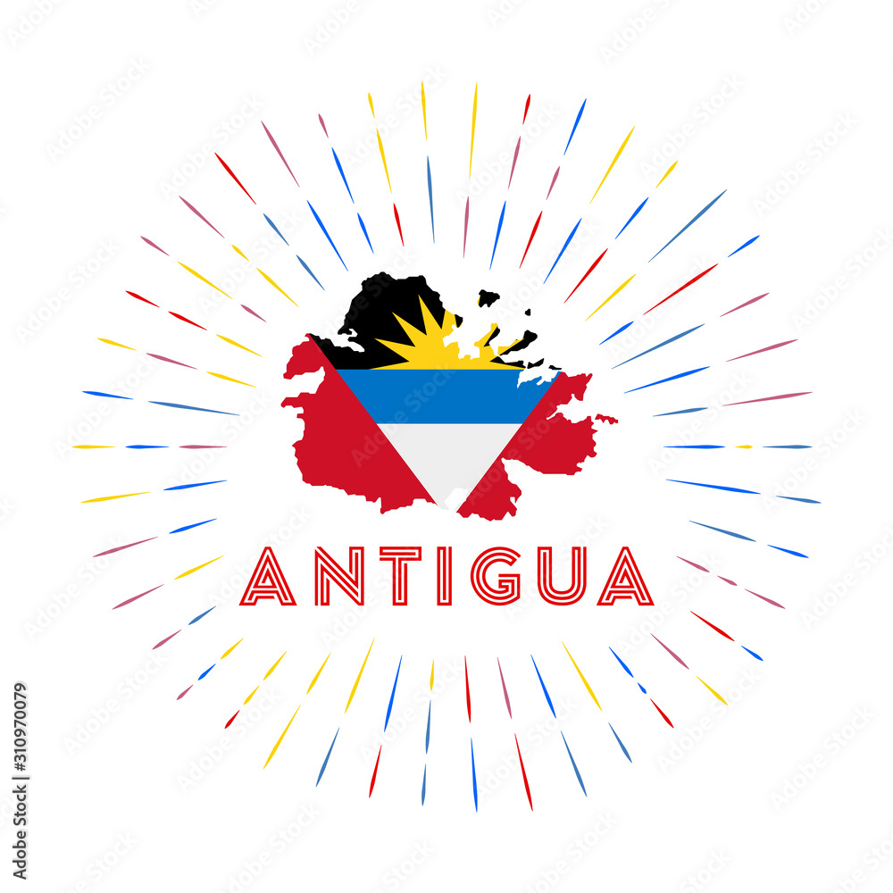 Antigua sunburst badge. The island sign with map of Antigua with ...