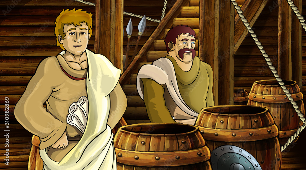 cartoon scene with roman or greek ancient character inside wooden ship ...