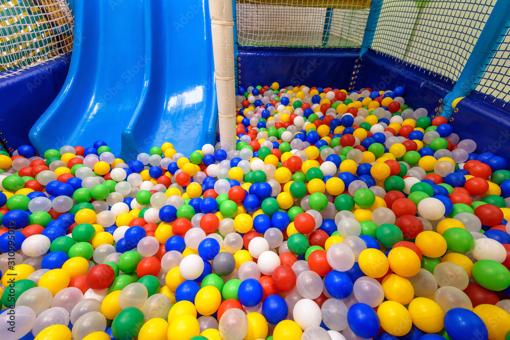 Playground for sport and play in kindergarten. Inside the plastic dry ...