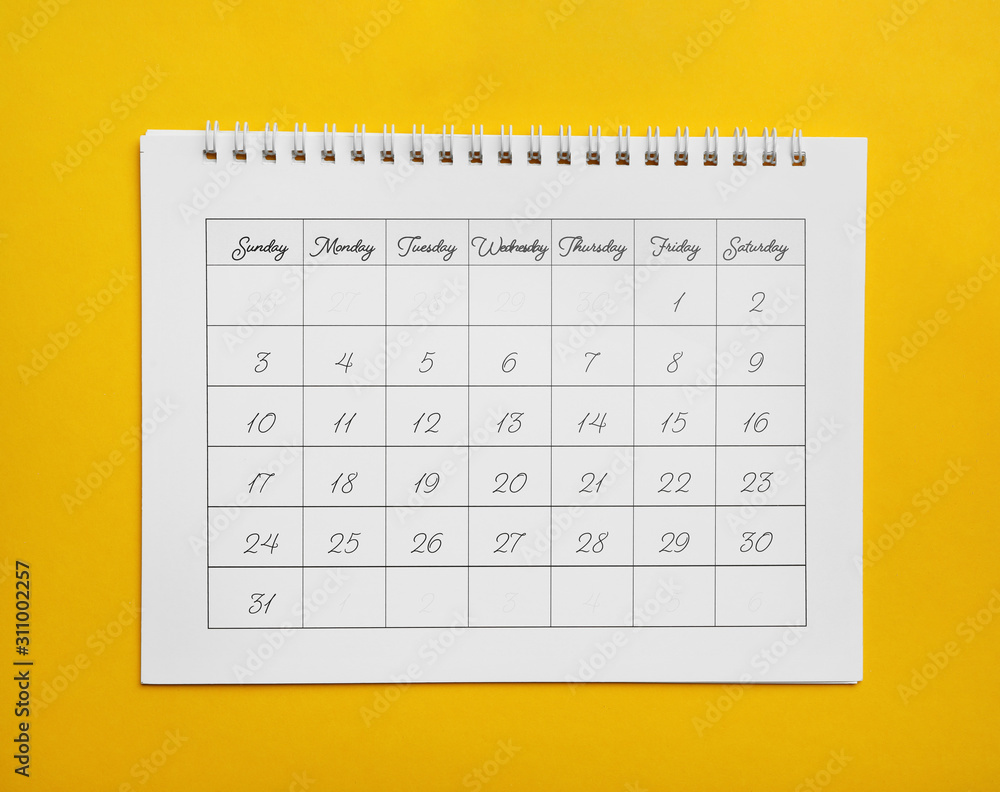 Paper calendar on yellow background, top view Stock Photo | Adobe Stock