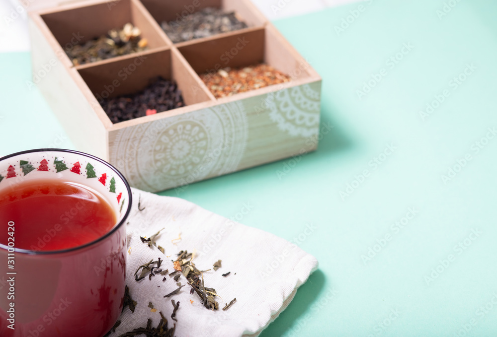 4 types of leaf tea of â€‹â€‹green, black, herbal with flowers and ...