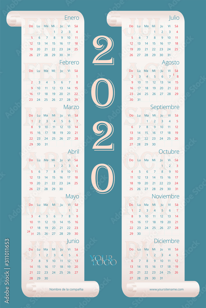 2020 Spanish American wall calendar on light gradient parchment ...