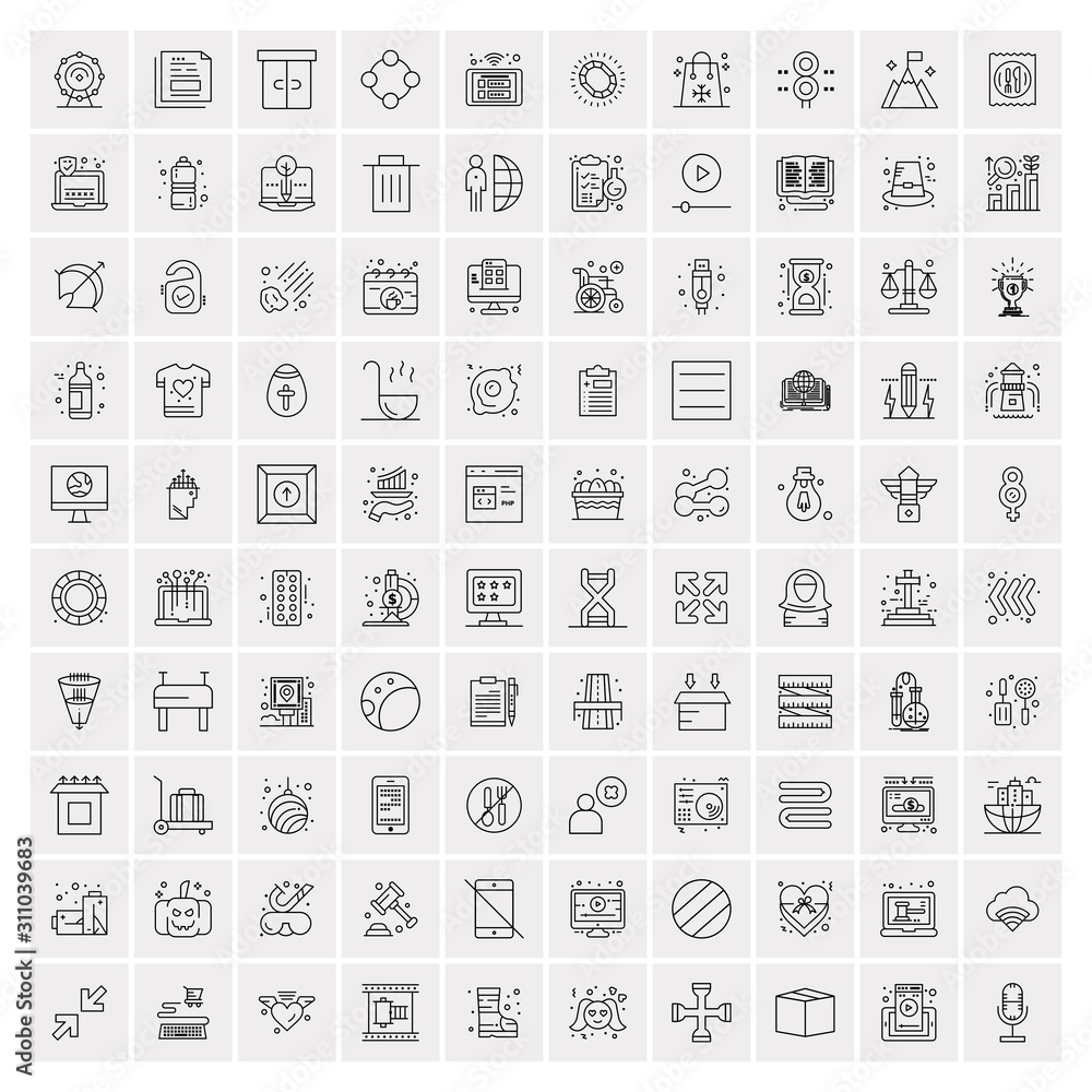 100 Universal Black Line Icons on White Background Stock Vector | Adobe ...