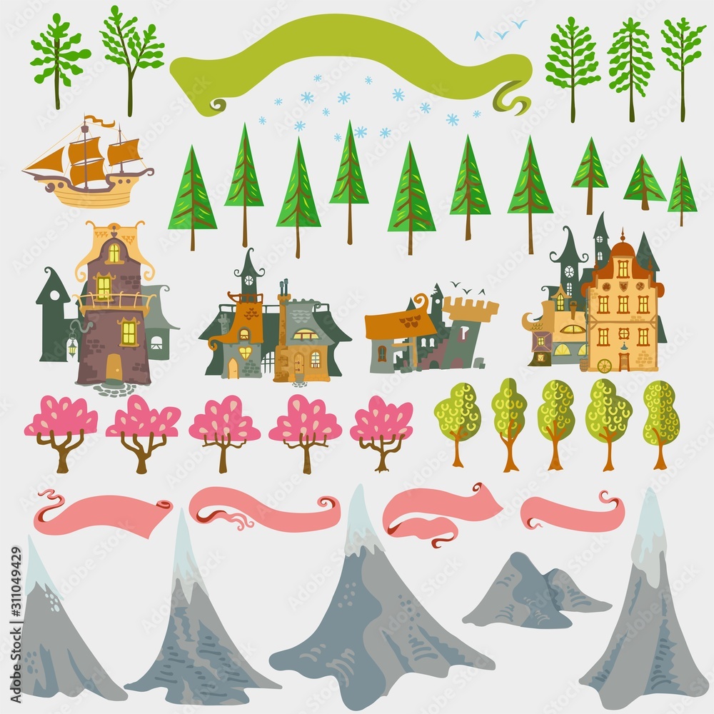 Fairy tale fantasy map builder cartography isolated vector ...