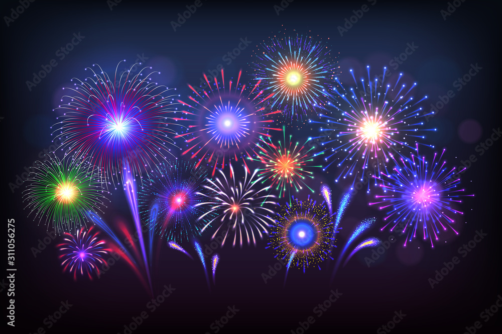 Fireworks background. Party celebration light with golden sparkles and ...