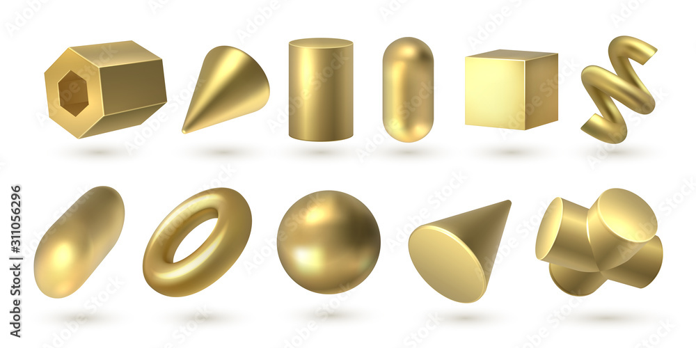 Golden geometric shapes. Realistic 3D metal elements isolated on white ...