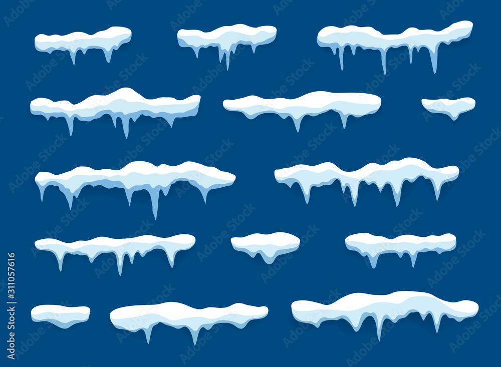 Snow caps, drifts winter. Frozen icicle, snowballs on roof. Frozen snow ...