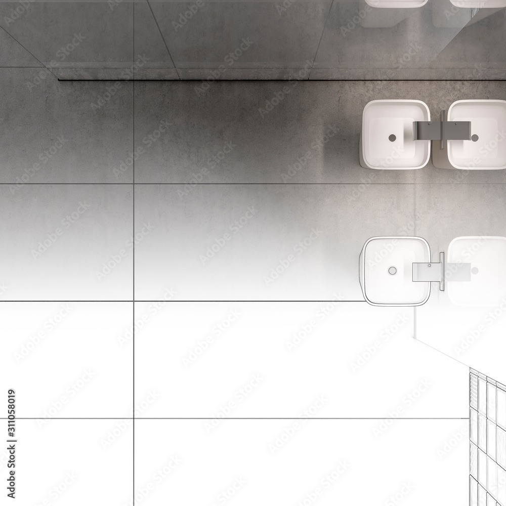 Sketch of a minimalist interior shower room with window and washbasins ...