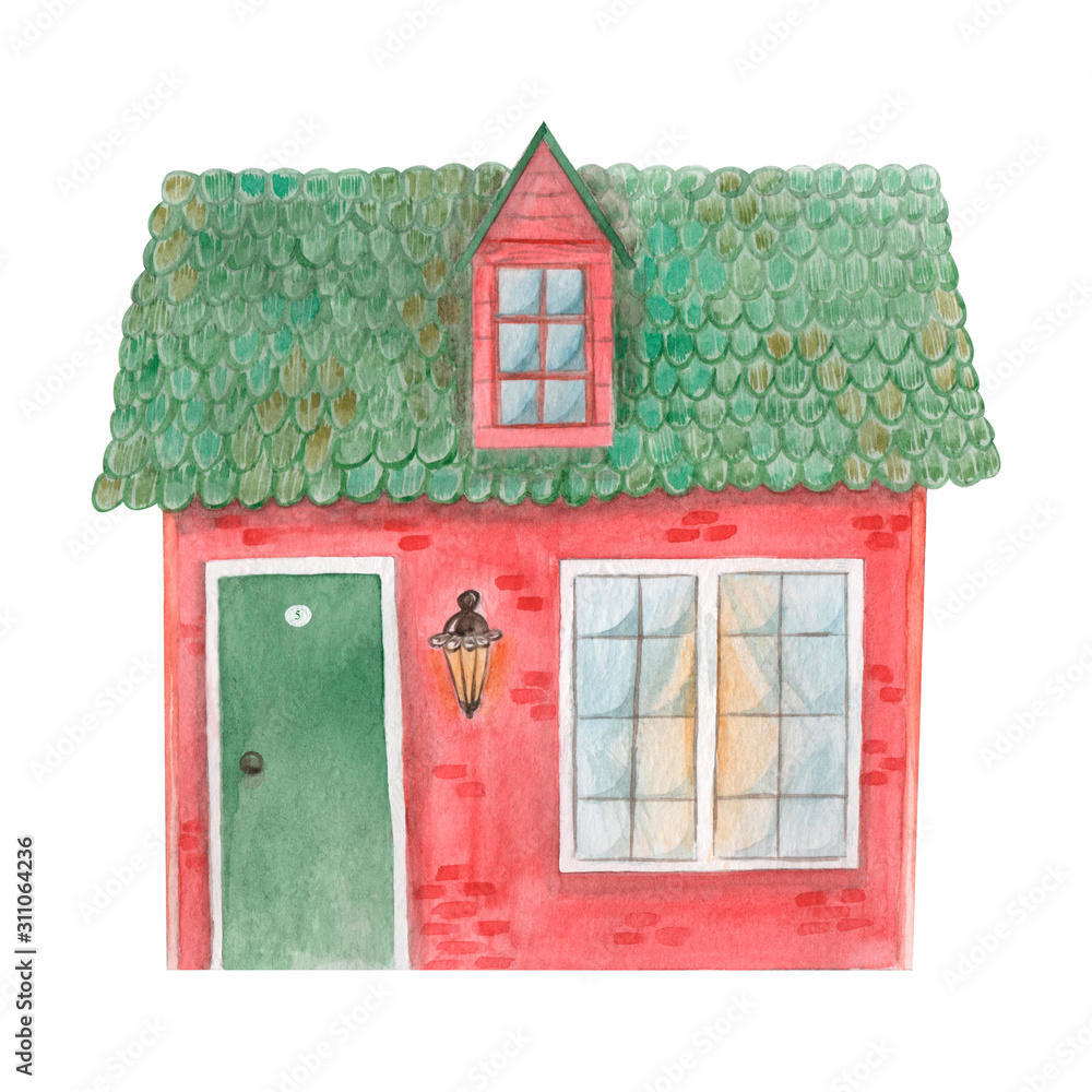 Watercolor red house with a green roof and door. Red brick house ...