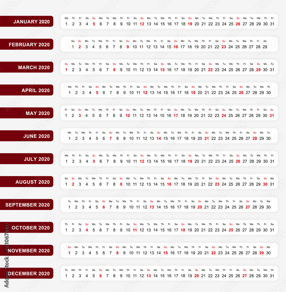Horizontal one line calendar 2020, One line calendar template for you ...