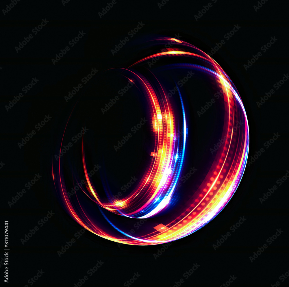 3D Atom icon. Luminous nuclear model on dark background. Glowing energy ...