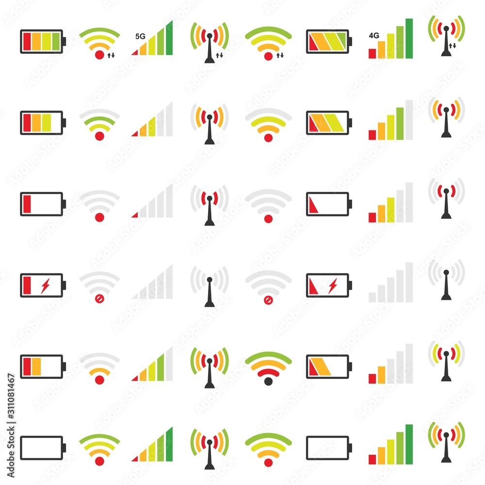 wifi signal icon set, battery energy charge, mobile signal level icon ... wifi signal icon set, battery energy charge, mobile signal level icon ...