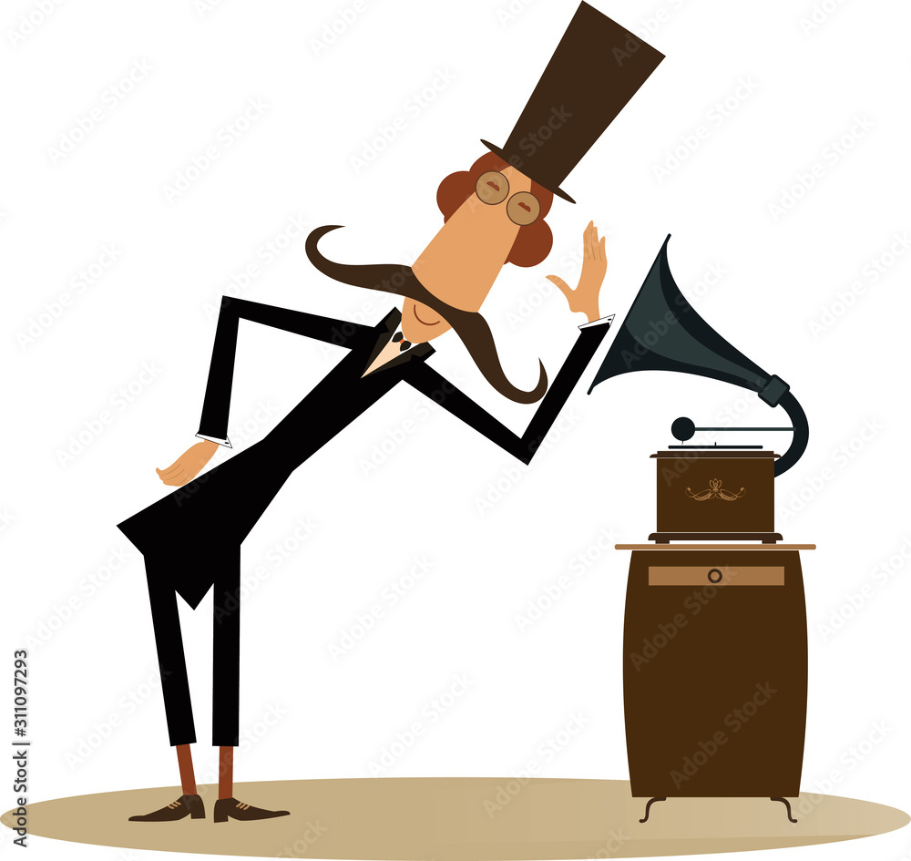 Man and retro record player illustration. Funny mustache man in the top ...