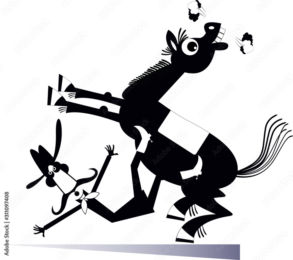 Cartoon rider falls from the horse isolated illustration.Funny long ...