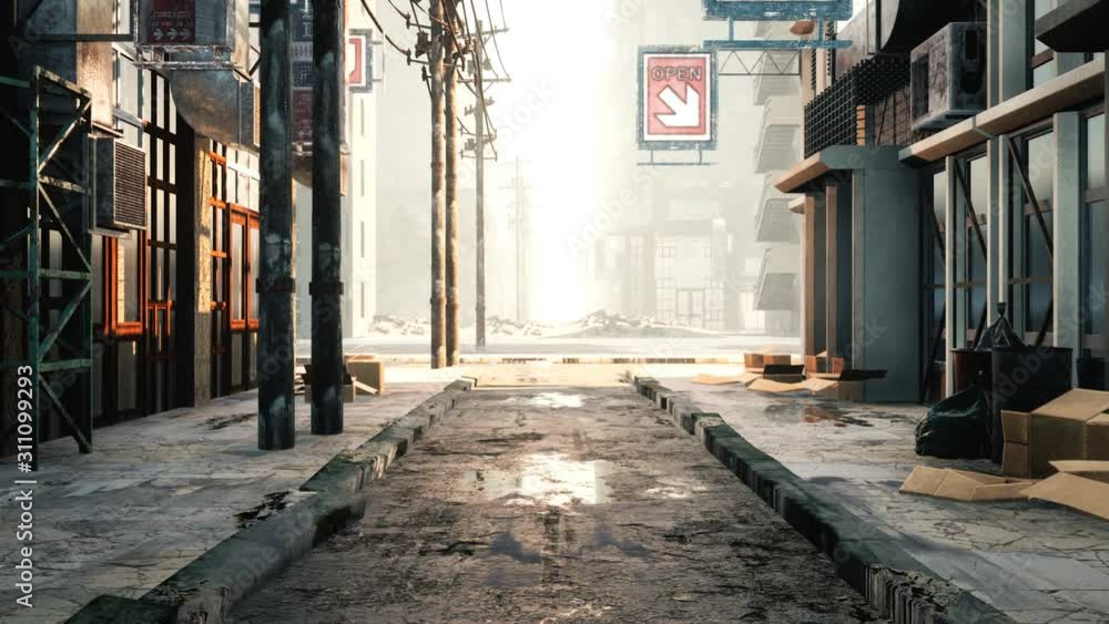 A deserted post-apocalyptic city. The camera flies through the empty ... A deserted post-apocalyptic city. The camera flies through the empty ...