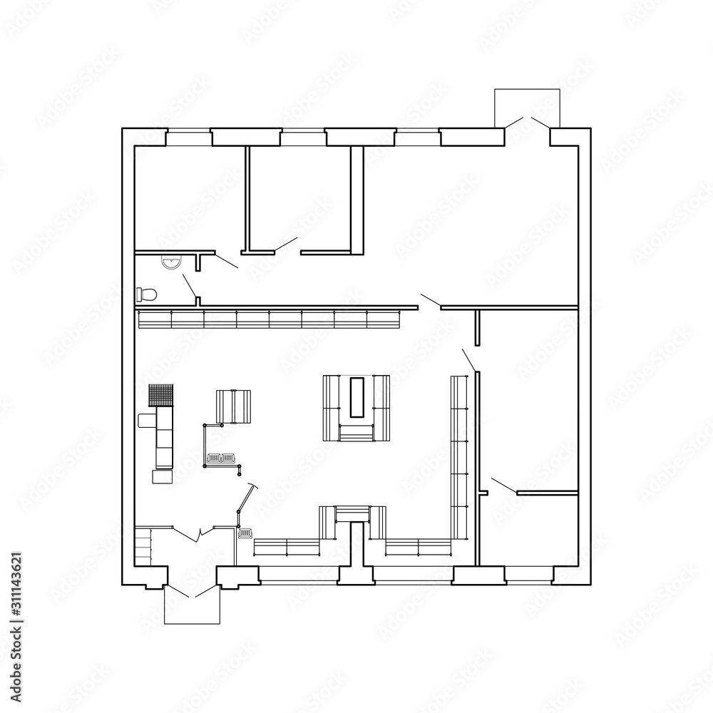 Modern food shop interior with furniture. Vector blueprint ...