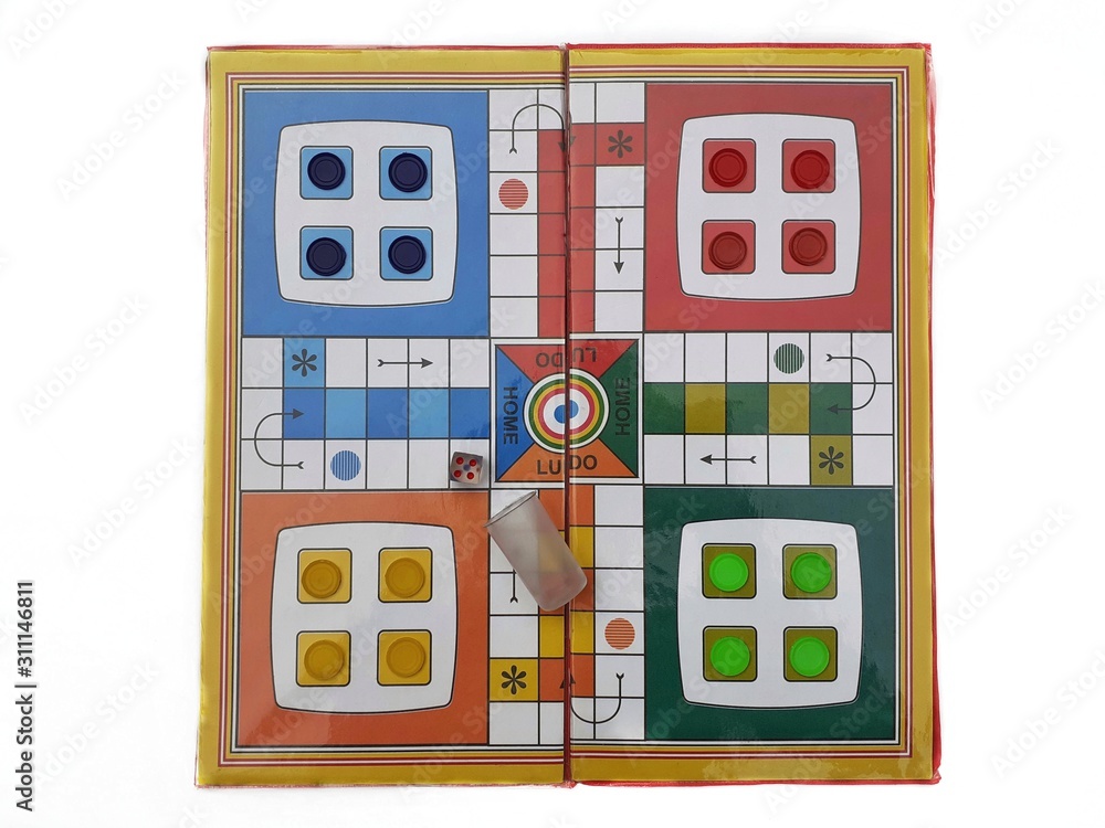 Ludo dice and colorful tokens on the board isolated on white background ...
