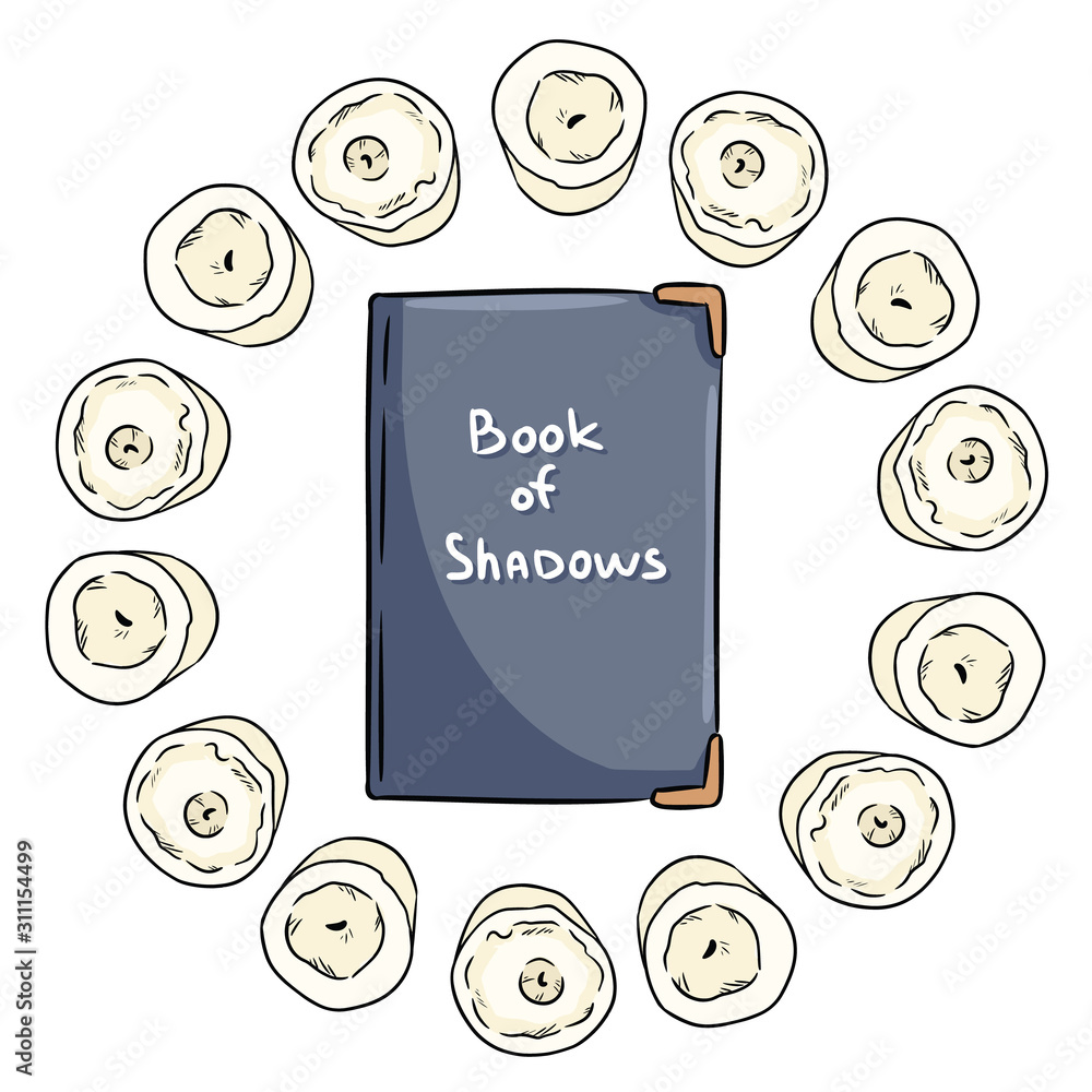 Book of Shadows witchcraft notebook doodle in a circle of white candles ...