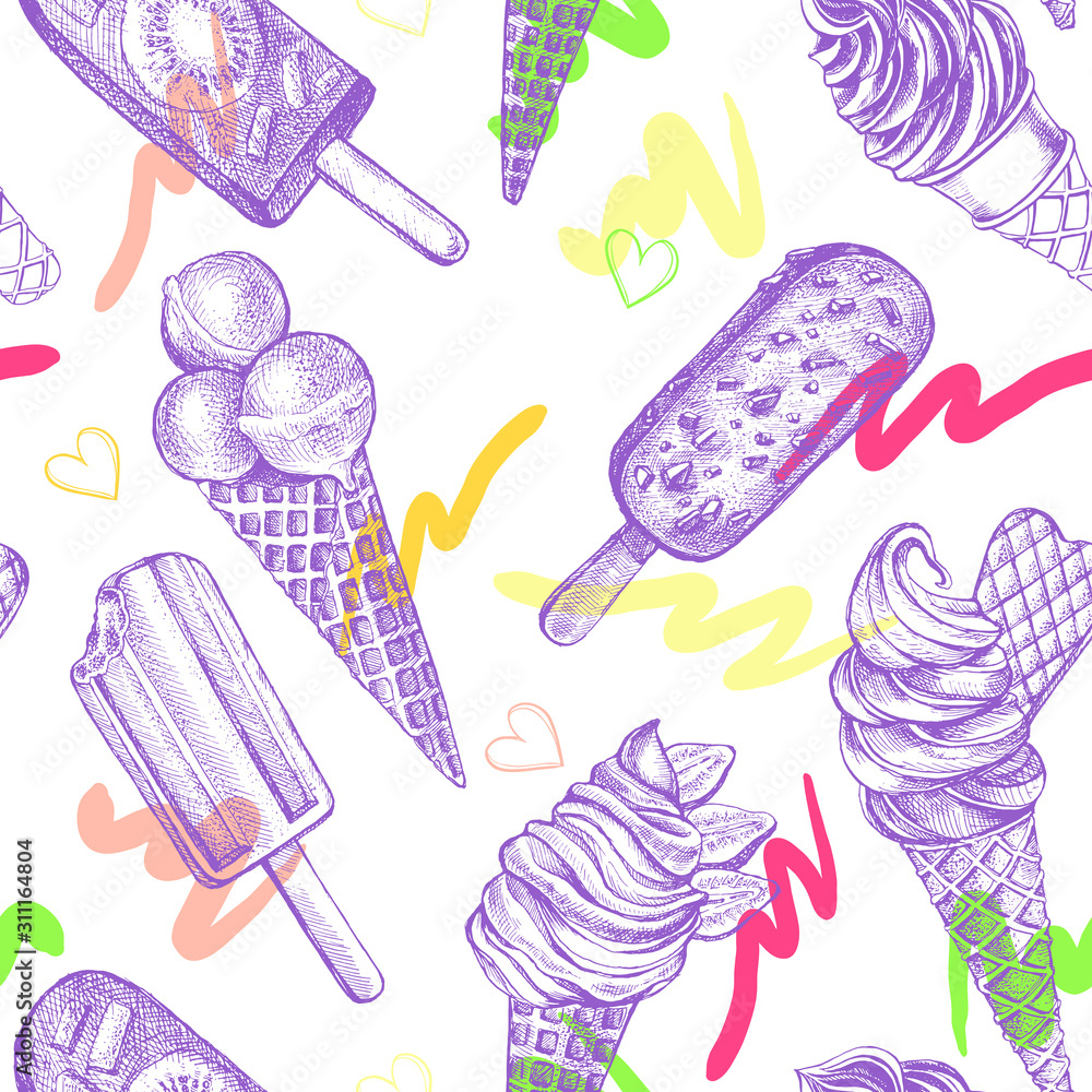 Decorative seamless pattern with Ink hand drawn different types of ice ...