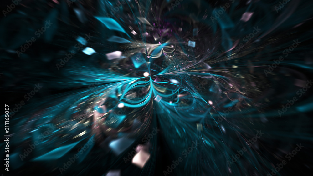 Abstract holiday background with blurred turquoise rays and sparkles ...