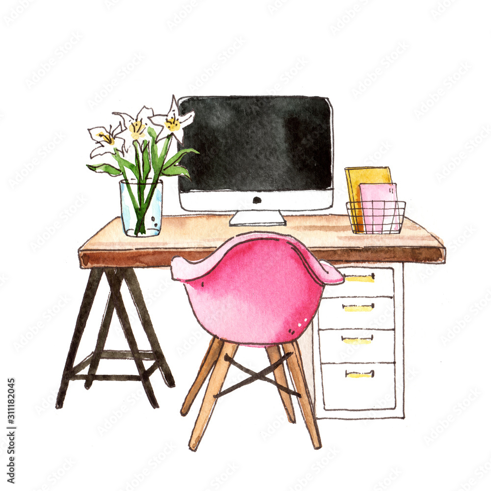 Watercolor hand-painted table with computer and pink chair workplace ...