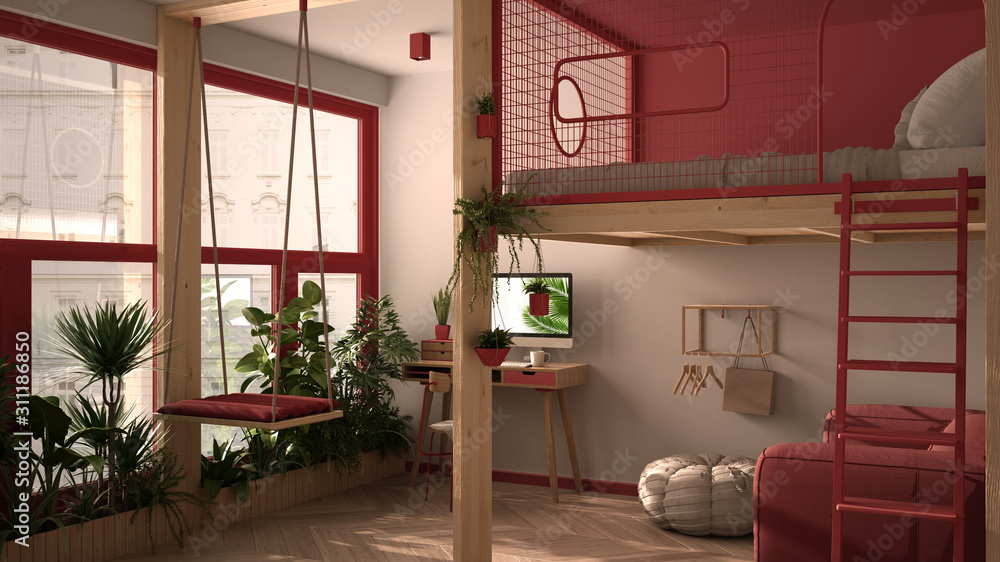 Minimalist studio apartment with loft bunk double bed, mezzanine, swing ...
