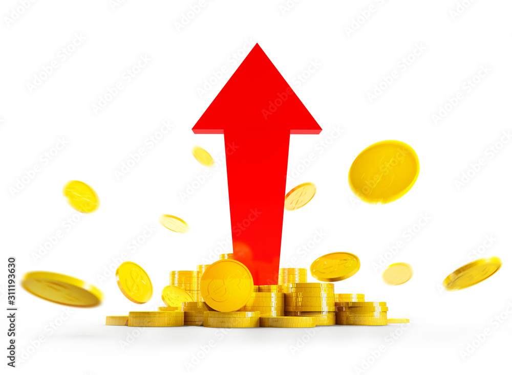 Red arrow up with gold coins money spread out on white background ...