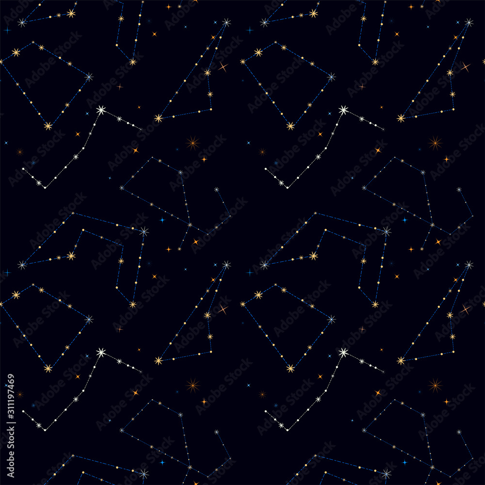 Starry night sky seamless pattern. Space print with constellations ...