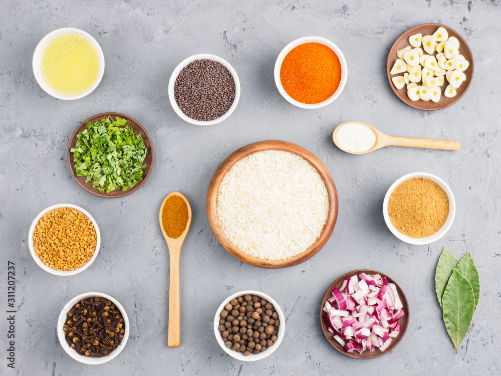 Ingredients for cooking basmati rice: butter, salt, black pepper ...