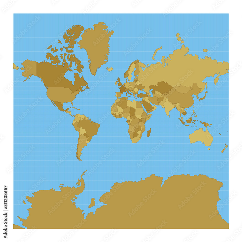 World Map Spherical Mercator Projection Map Of The World With Meridians On Blue Background