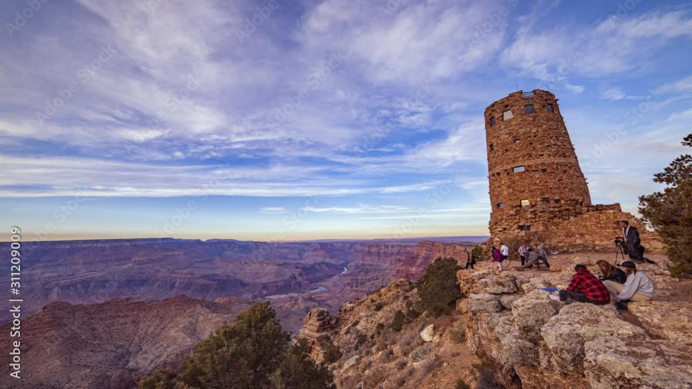 Clouds move across the Grand Canyon at Desert View Watchtower overlook ...