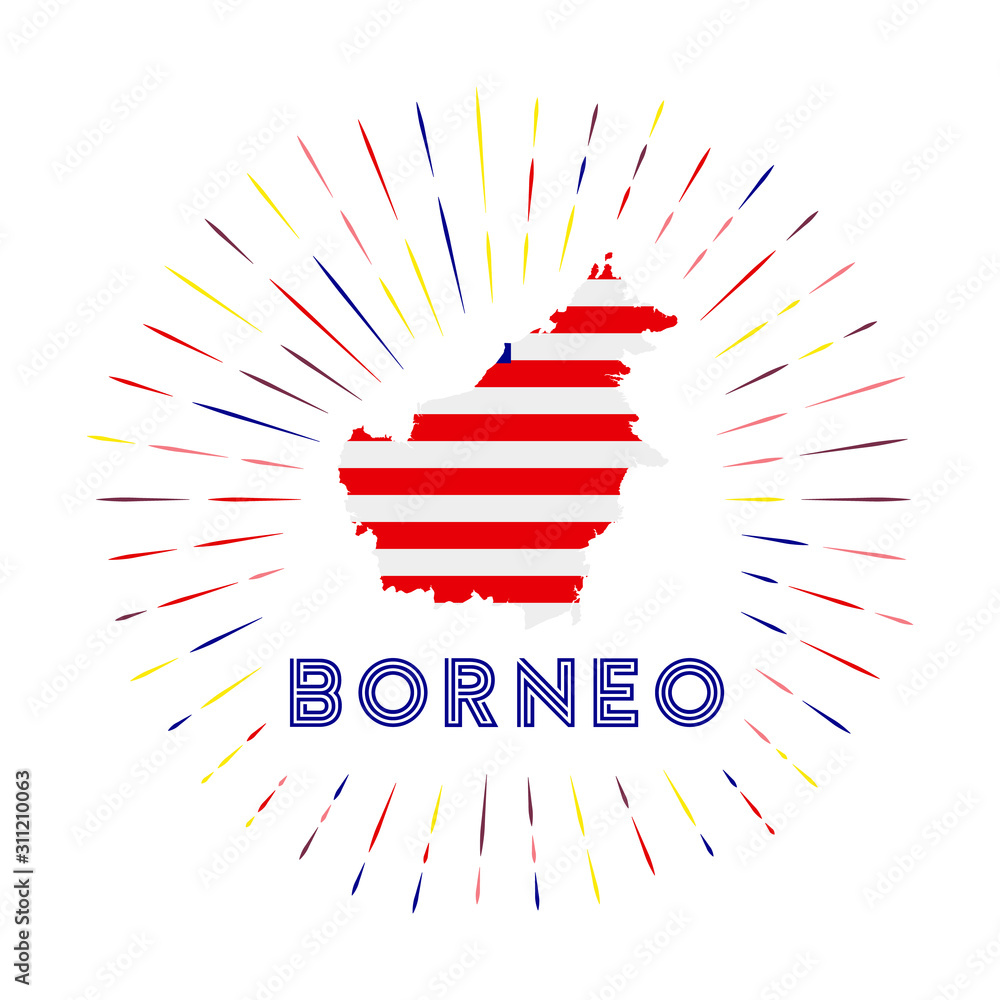 Borneo sunburst badge. The island sign with map of Borneo with ...