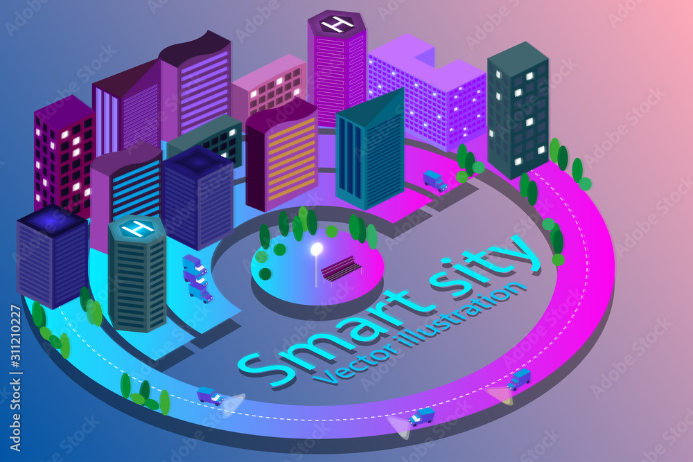 Smart city isometric illustration. Intelligent building. The streets of ...