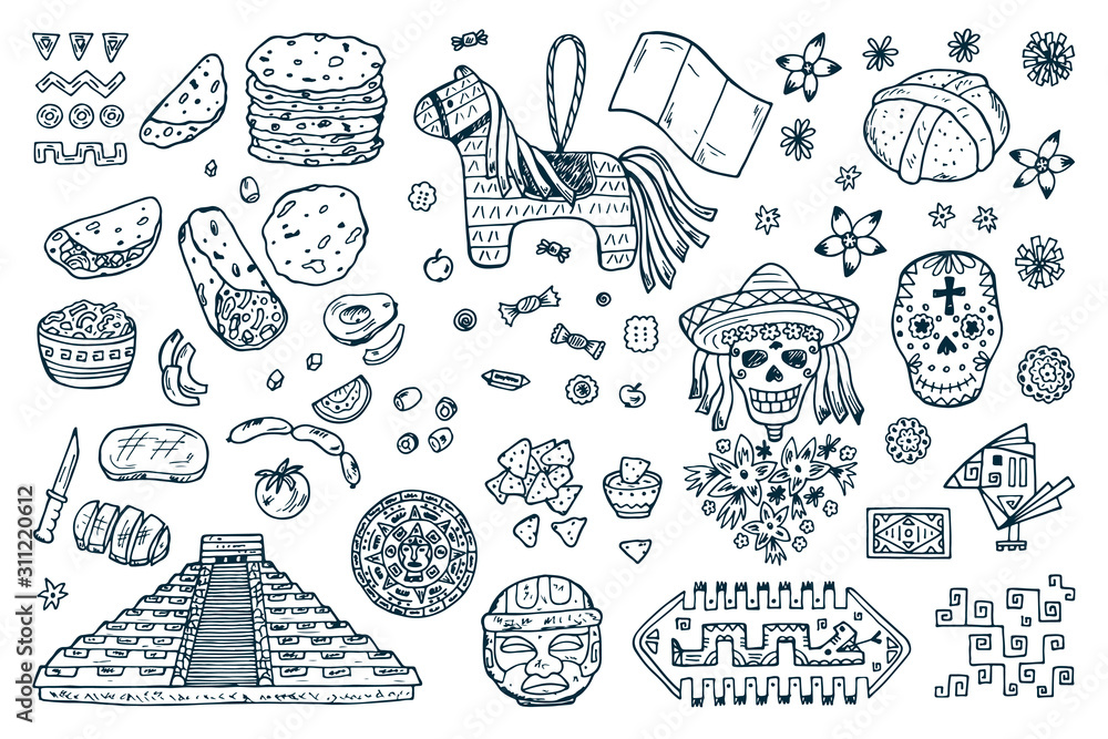 Mexico Vector set. Mexican items - Hand drawn doodle Mexican sights ...