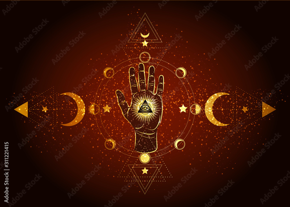 Vetor de third eye and hand esoteric spiritual icon. Sacred pyramid of ...