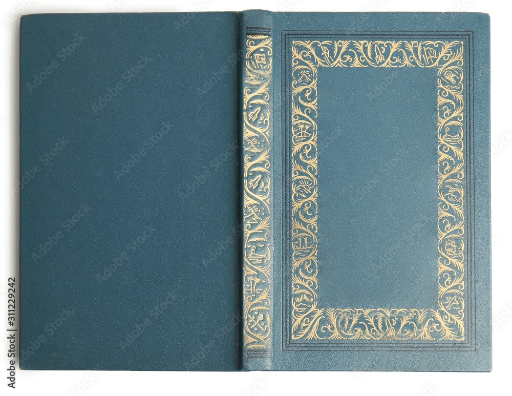 Open old book with vintage light blue cover isolated on white, top view ...