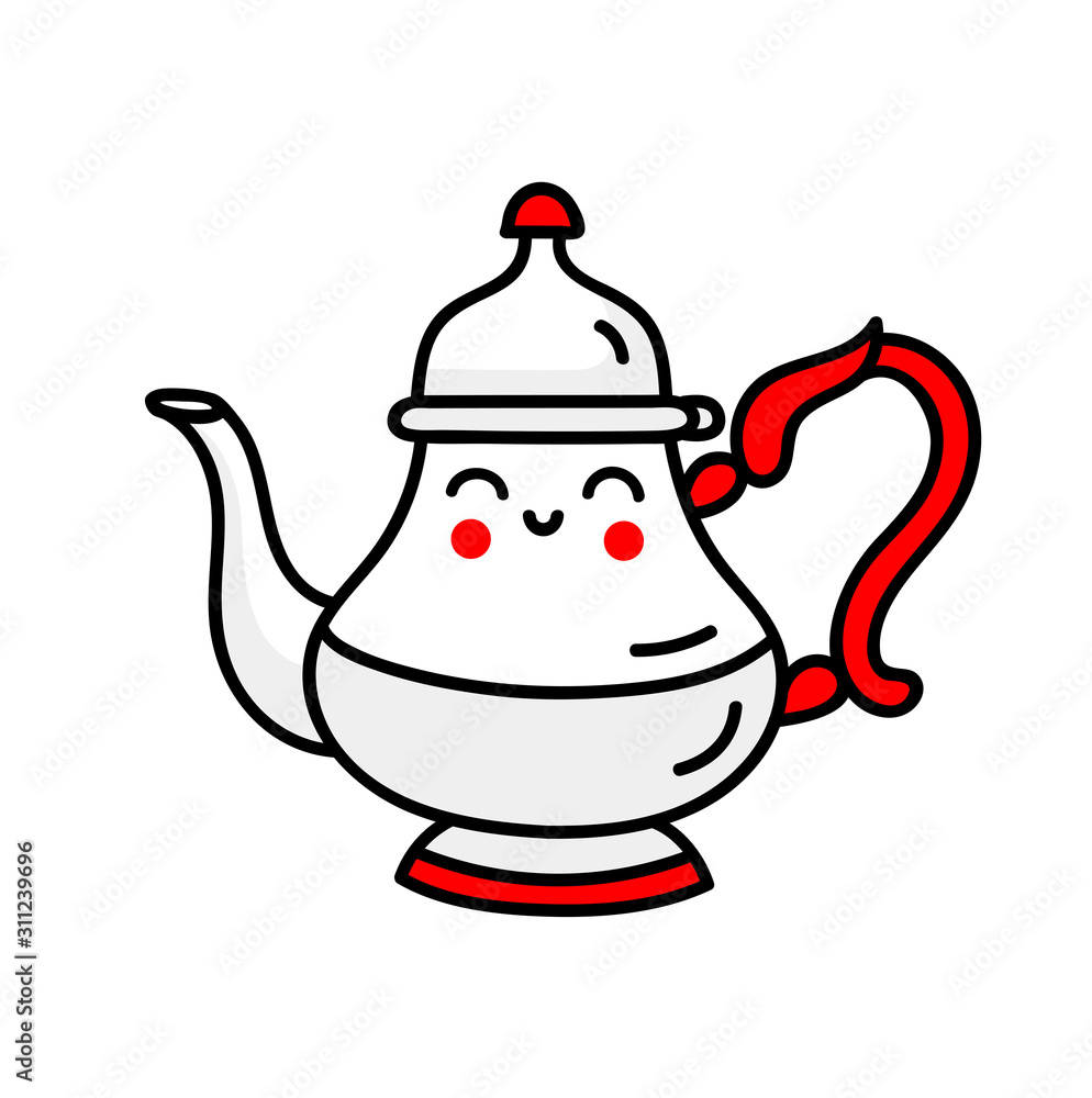 Cute teapot with smiley face. Cartoon character. Simple vector ...