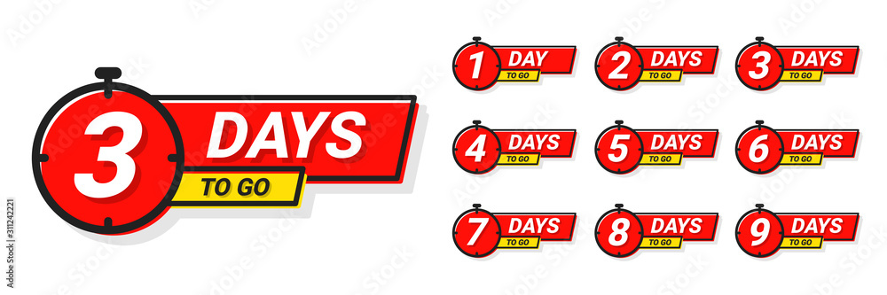 Countdown badges. Number of days left to go, from 1 to 9. Countdown ... Countdown badges. Number of days left to go, from 1 to 9. Countdown ...