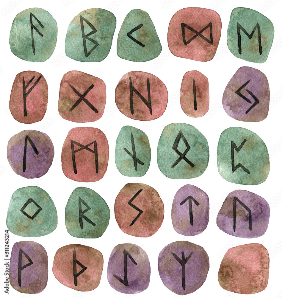Watercolor runes set illustration isolated on white background. Set of ...
