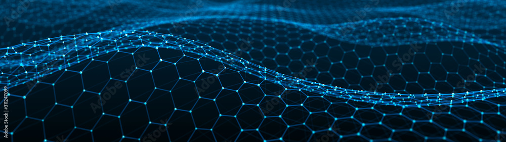 Abstract wave of particles and lines. Hexagon. Big data. Network or ...