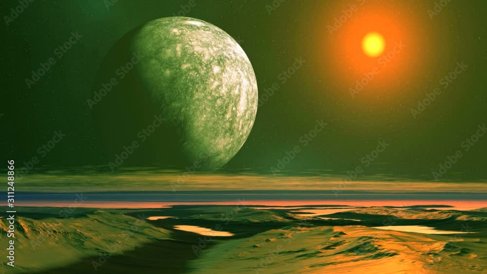 Alien Moon Sunset. The huge moon slowly moves to the horizon of an ...