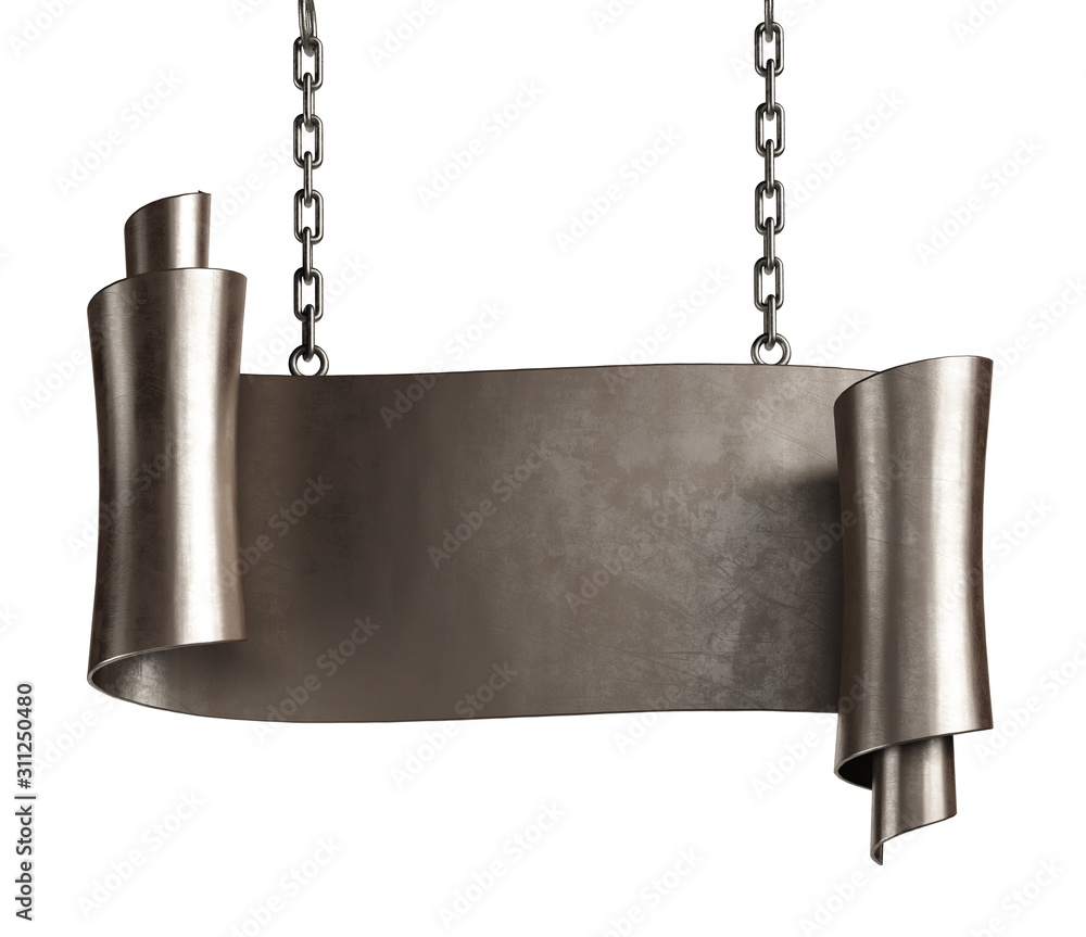Medieval metal scroll with chains isolated on a white background ...