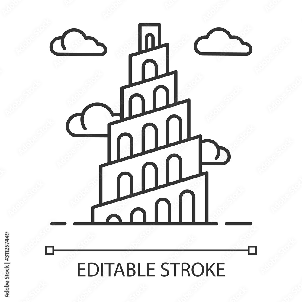 Babel Tower Bible story linear icon. Ziggurat. High structure in ...